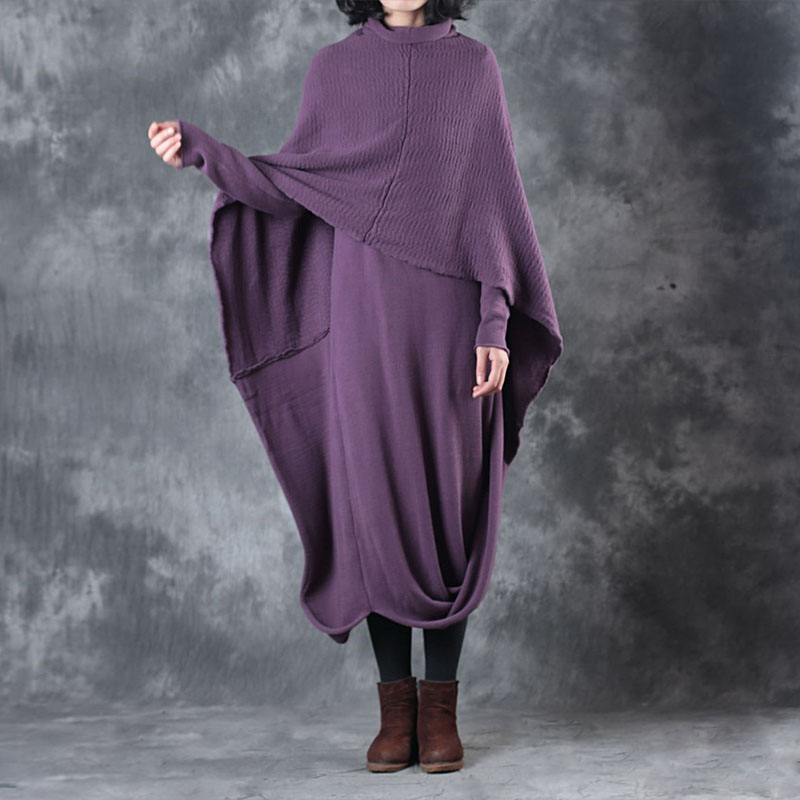 Individual Layering Cloak Dress Loose Cotton Purple Dress in Purple One ...