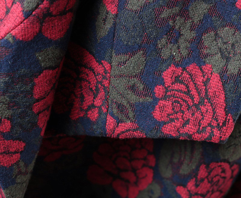 Wide Lapel Flocking Plus Size Coat Rose Pattern Woolen Overcoat in Red ...