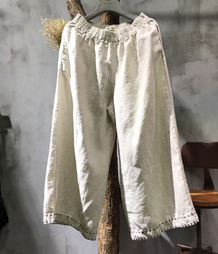 Hem Embroidered Plain Causal Pants Loose Cotton Line Slacks for Woman ...