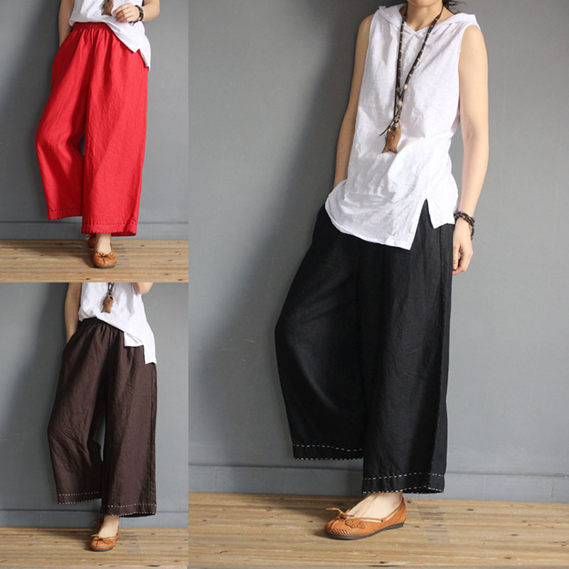 Hem Embroidered Plain Causal Pants Loose Cotton Line Slacks for Woman ...
