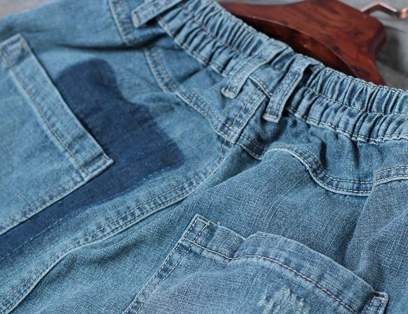 Street Style Blue Patchwork Wide Leg Jeans Loose Cropped Pants in Blue ...