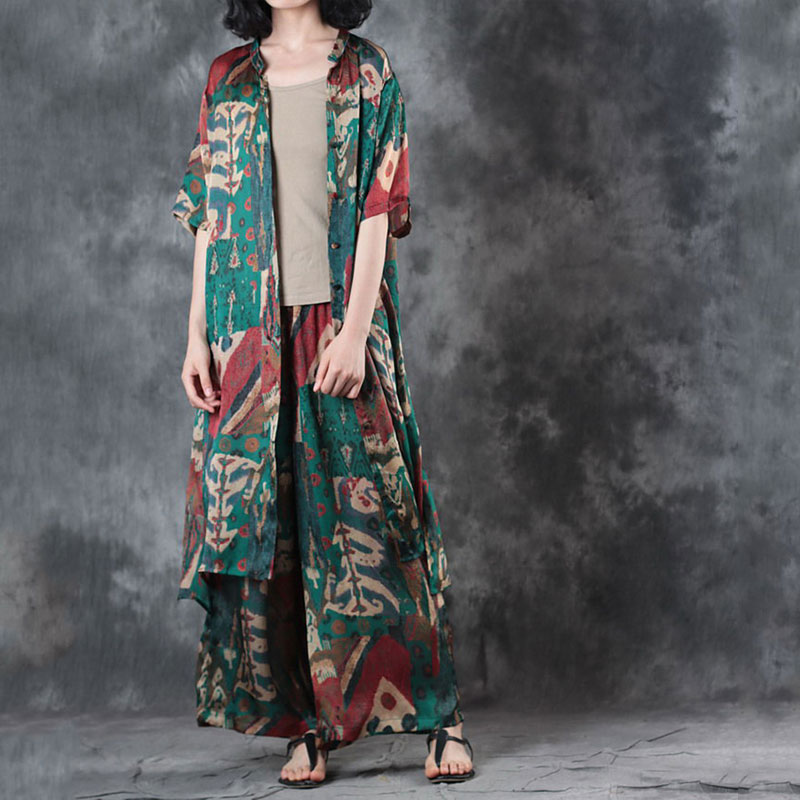 Abstract Printings Long Designer Blouse with Silk Satin Wide Leg ...