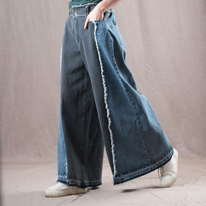 Blue Contrast Tassel Wide Leg Jeans Raw Hem Denim Palazzo Pants in Dark ...