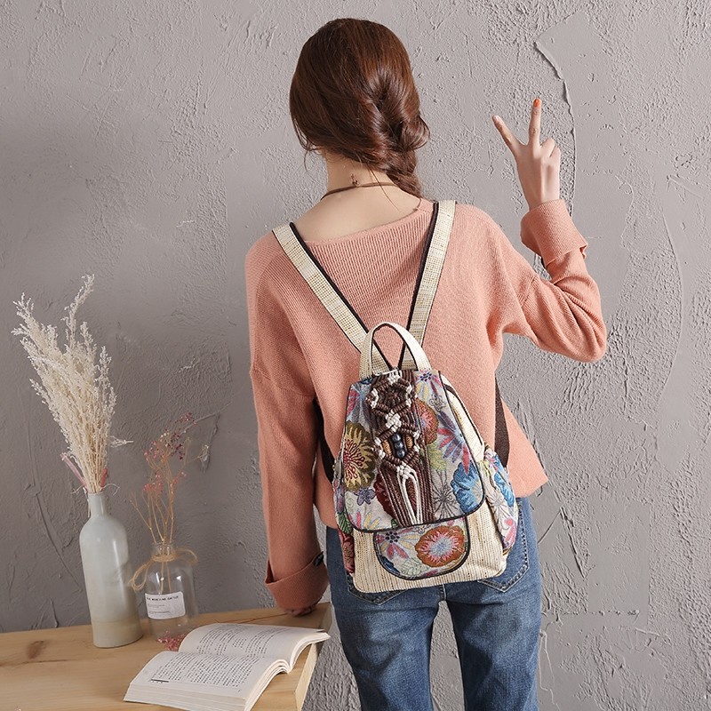Folk Style Cotton Linen Backpack Printed Knitting Ethnic Backpack in ...