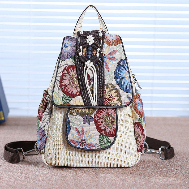 Folk Style Cotton Linen Backpack Printed Knitting Ethnic Backpack in ...