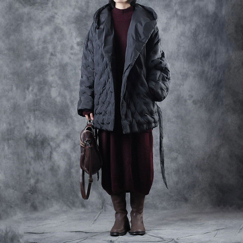 Fluffy Plus Size Short Wrap Coat Black Hooded Puffer Jacket in Black ...