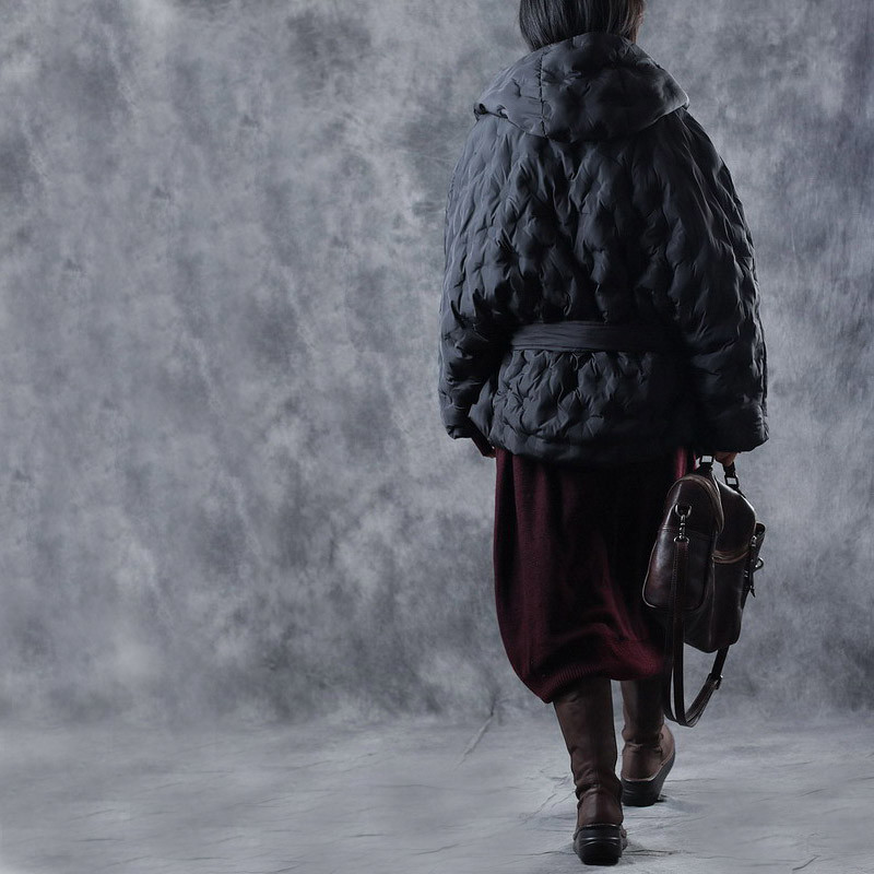 Fluffy Plus Size Short Wrap Coat Black Hooded Puffer Jacket in Black ...