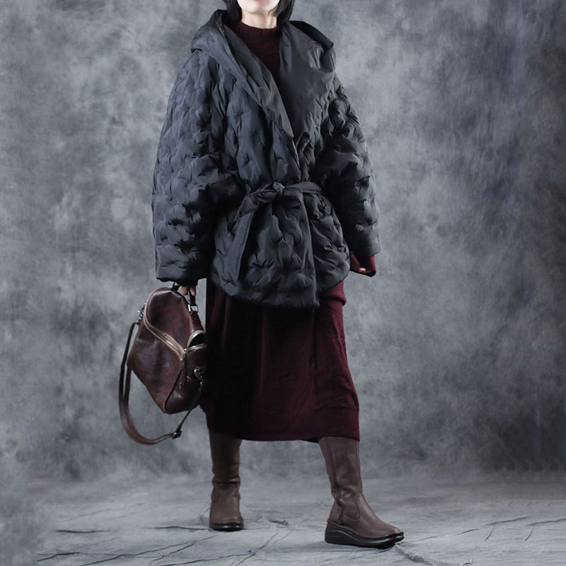 Fluffy Plus Size Short Wrap Coat Black Hooded Puffer Jacket in Black ...