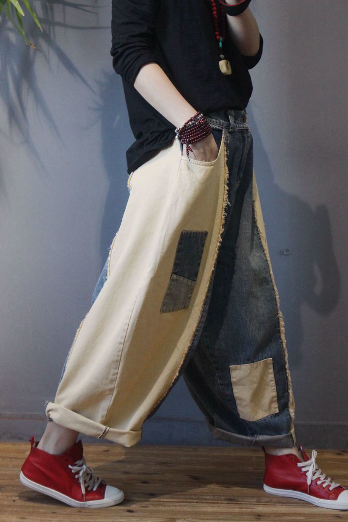 Trendy Patchwork Baggy Jeans Color Block Distressed Jeans in As The ...