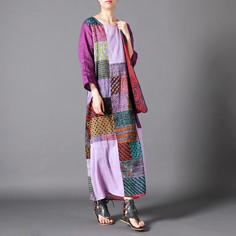 Purple Patchwork Ethnic Tent Dress Loose Ramie Vacation Dress in Purple ...