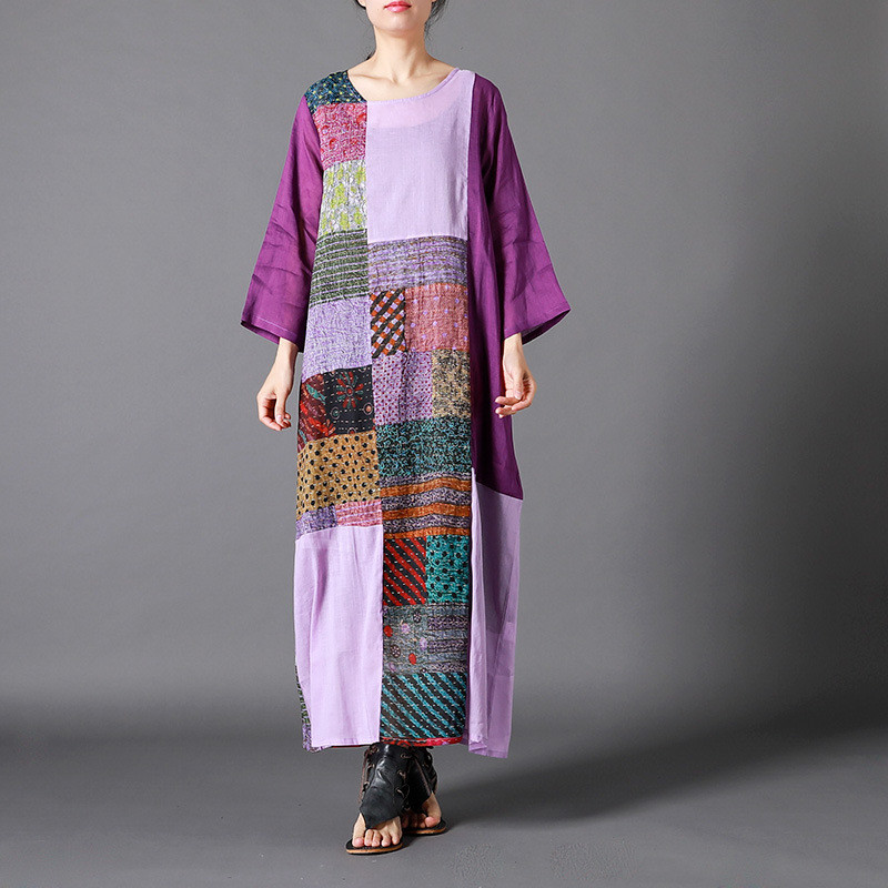 Purple Patchwork Ethnic Tent Dress Loose Ramie Vacation Dress in Purple ...