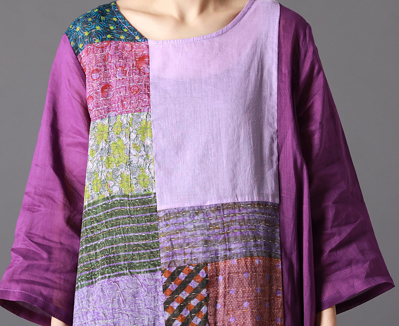 Purple Patchwork Ethnic Tent Dress Loose Ramie Vacation Dress in Purple ...