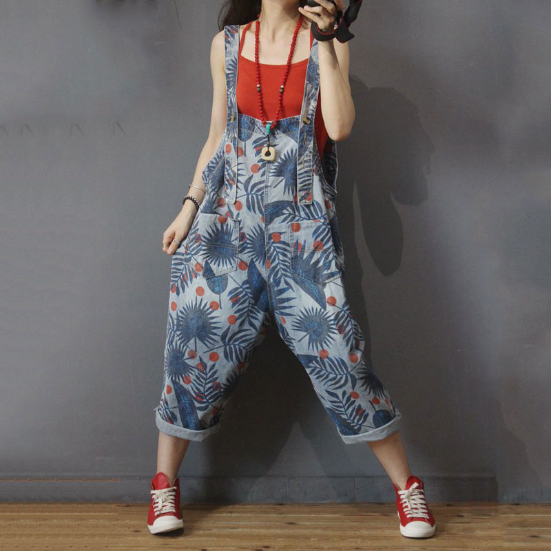 Tropical Printing Cotton Overalls Loose Summer Dungarees in Blue One ...