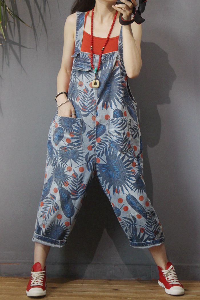 Tropical Printing Cotton Overalls Loose Summer Dungarees in Blue One ...