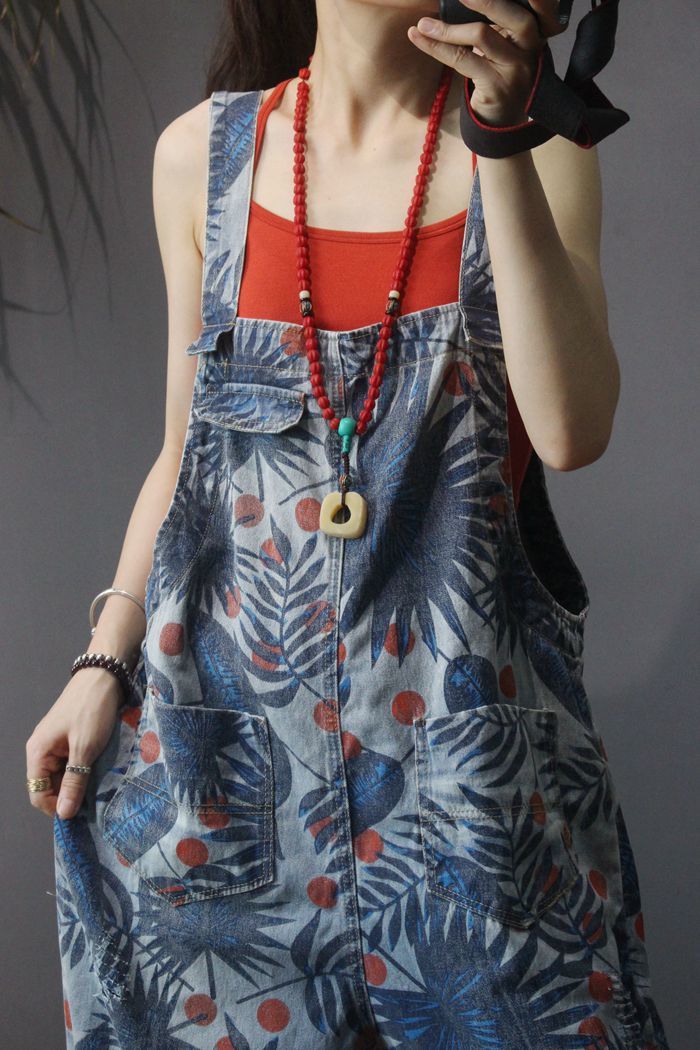 Tropical Printing Cotton Overalls Loose Summer Dungarees in Blue One ...