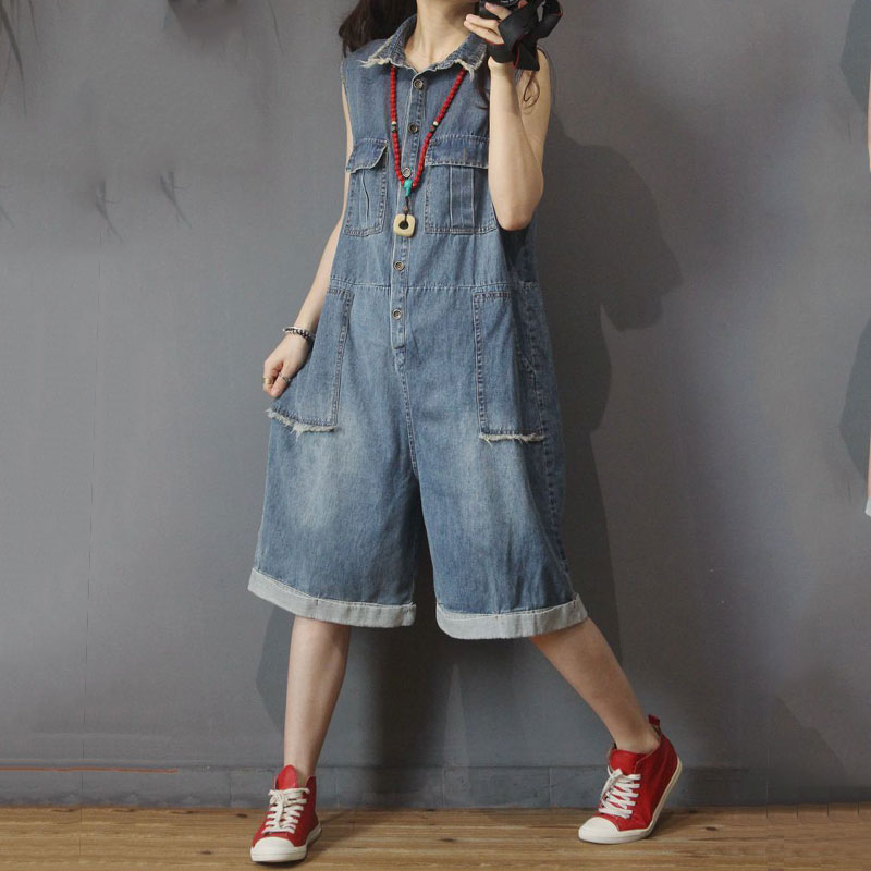 Sleeveless Denim Rompers Lapel Fringed Button-Down Rompers in Blue One ...