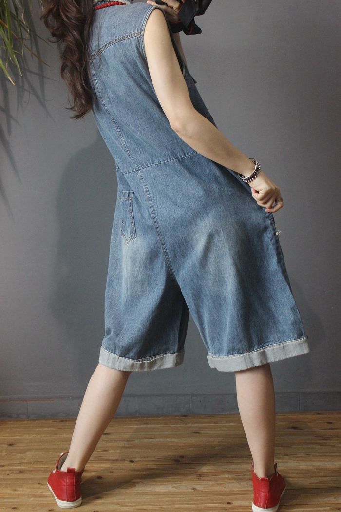Sleeveless Denim Rompers Lapel Fringed Button-Down Rompers in Blue One ...