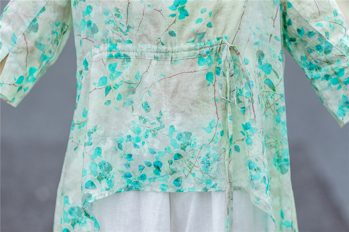 Green Floral Drawstring Shirt Asymmetrical Linen Designer Blouse in ...