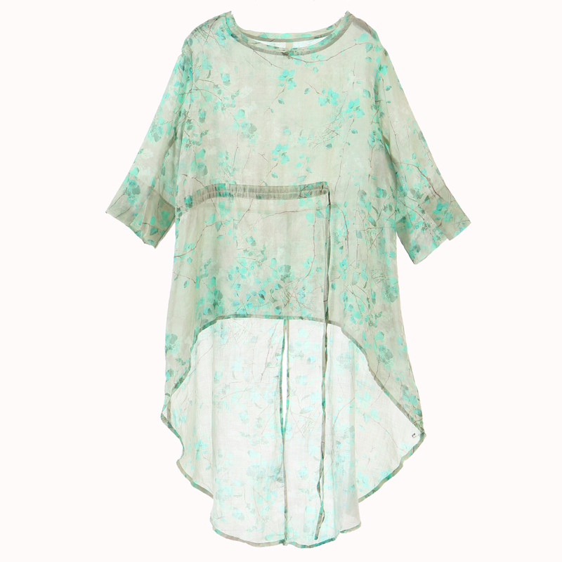 Green Floral Drawstring Shirt Asymmetrical Linen Designer Blouse in ...