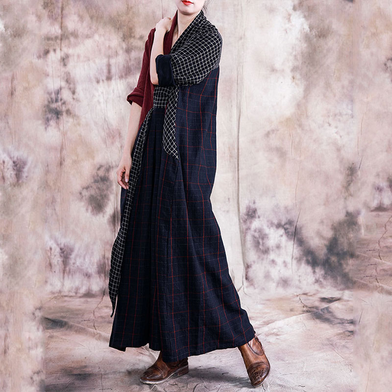 Red Contrast Plaid Maxi Dress Cotton Linen Wrap Kimono Dress in Dark ...
