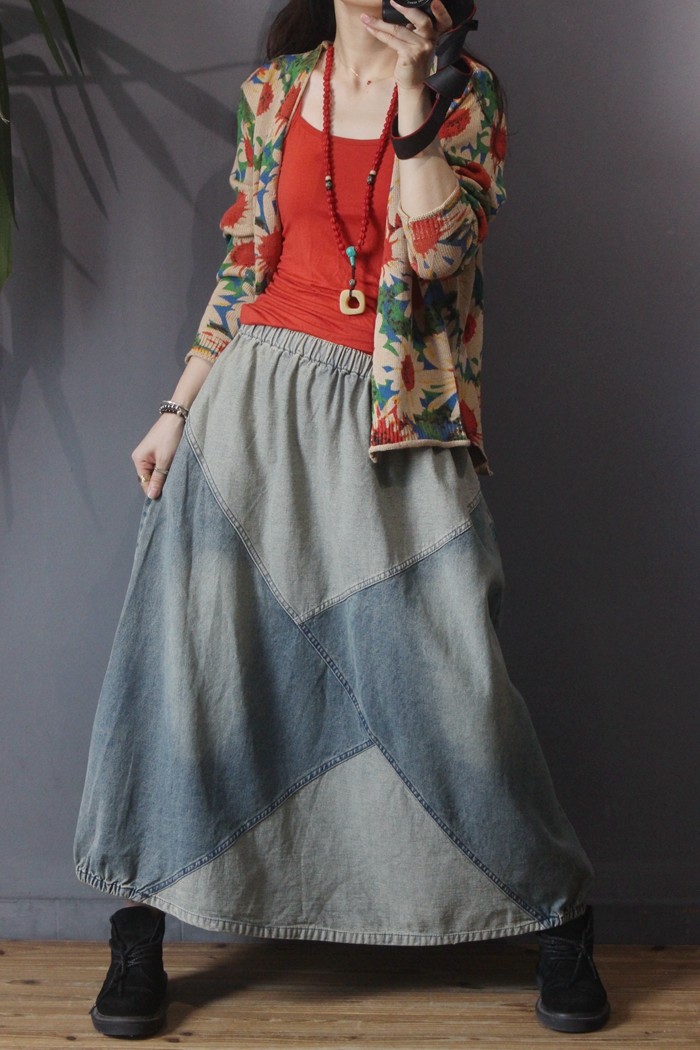 Blue Patchwork Denim Maxi Skirt Elastic Waist Korean Jean Skirt in Blue ...