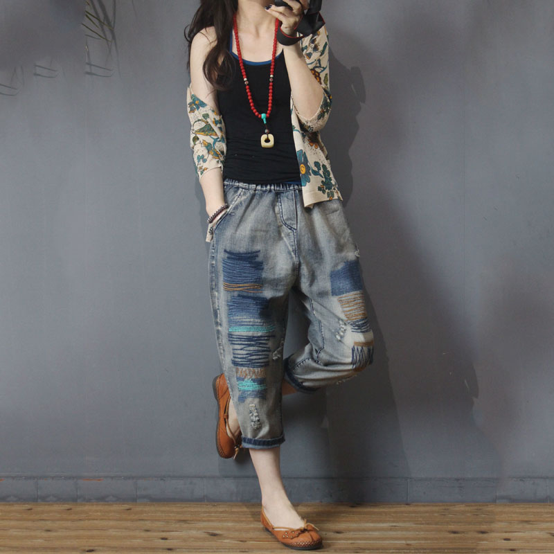 Linear Embroidery Korean Ripped Jeans Baggy Jeans In 90s in Blue One ...