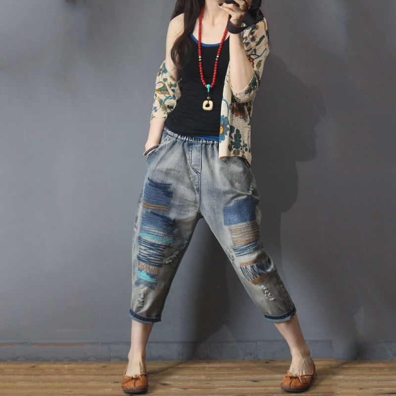 Linear Embroidery Korean Ripped Jeans Baggy Jeans In 90s in Blue One ...