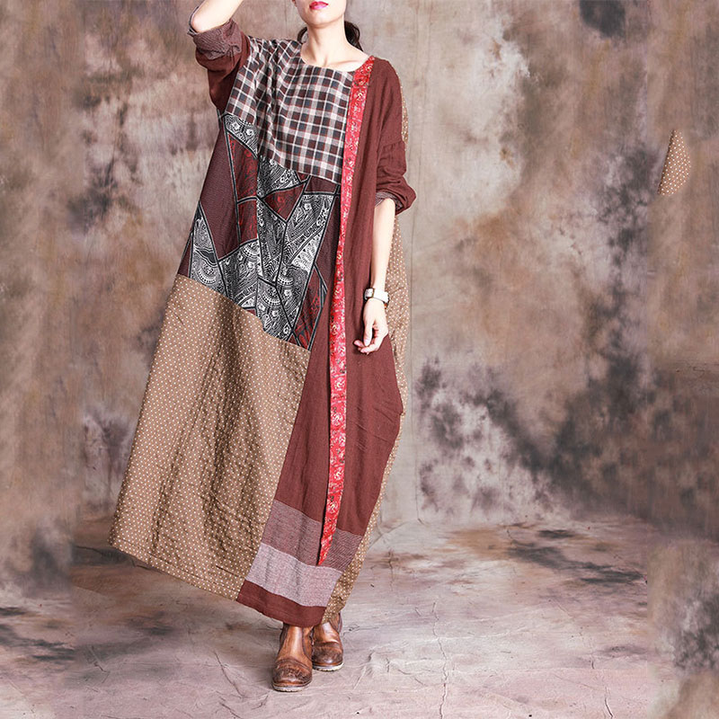 Pattern Patchwork Plus Size Maxi Dress Cotton Blended Paisley Dress in ...