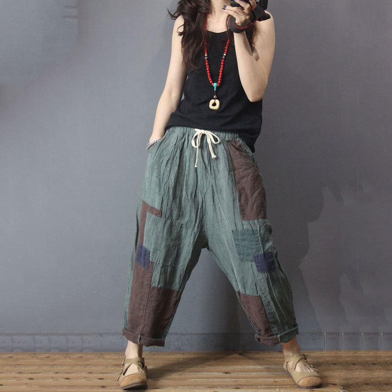 Contrast Color Drawstring Pants Cotton Linen Pants for Woman in Coffee ...