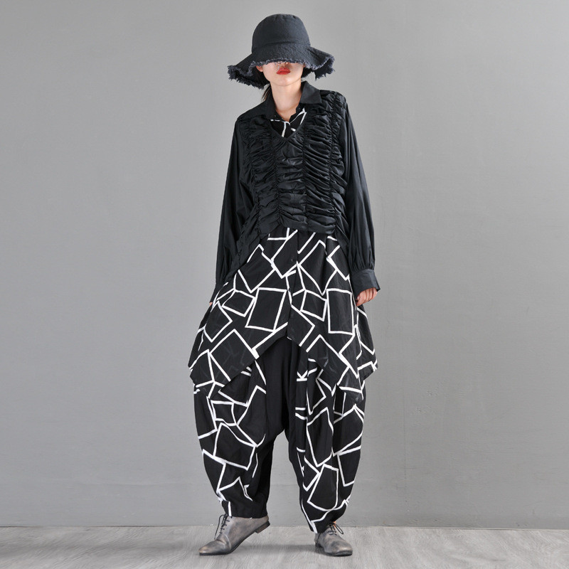 Geometrical Printed Long Bloomers Plus Size Black Harem Pants in Black ...