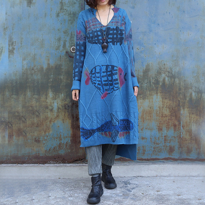 Fish Patterns Long Sleeve Blue Dress Asymmetrical Sweater Dress in Dark ...