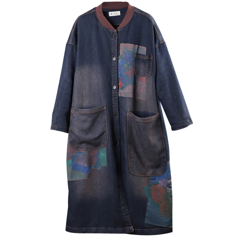 Big Pockets Printed Patchwork Denim Coat Long Sleeve Fleece Long Coat ...