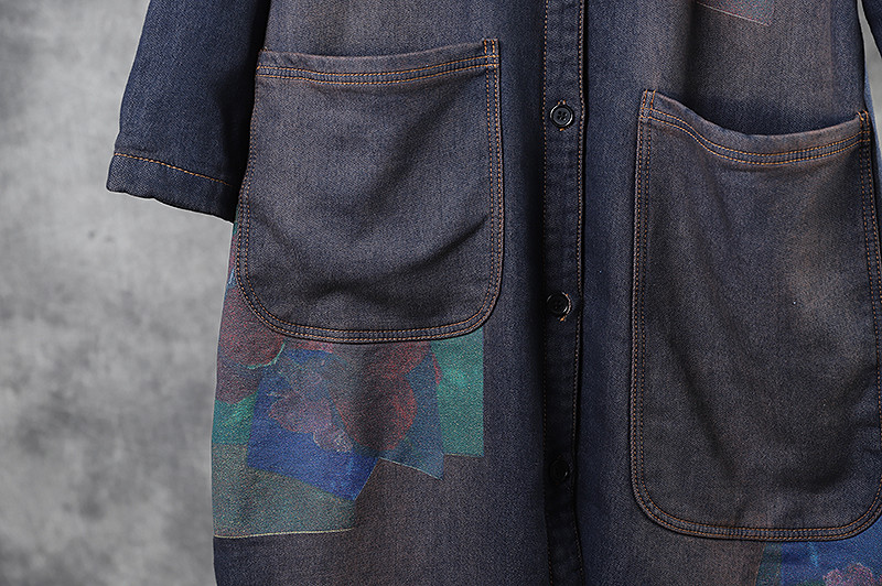 Big Pockets Printed Patchwork Denim Coat Long Sleeve Fleece Long Coat ...