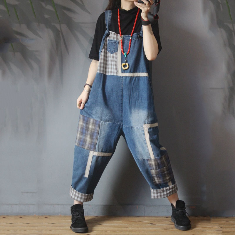 Checkered Patchwork Denim Overalls Color Fading Plus Size Bib Overalls ...