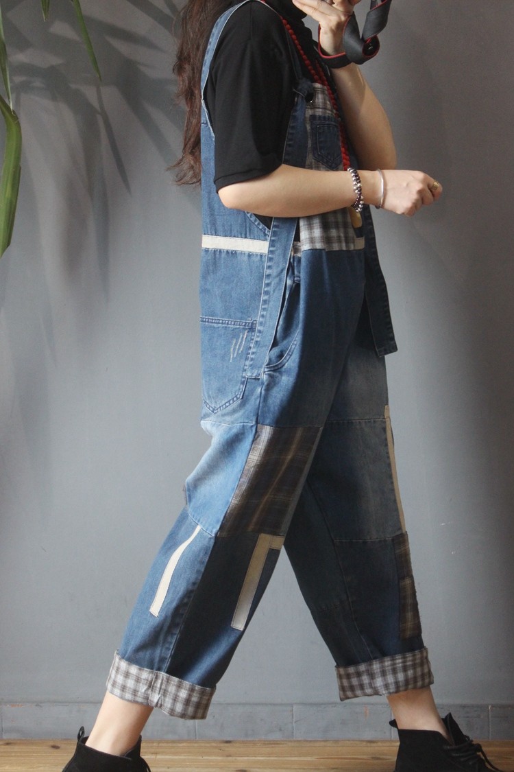 Checkered Patchwork Denim Overalls Color Fading Plus Size Bib Overalls ...