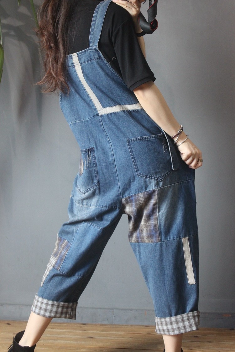 Checkered Patchwork Denim Overalls Color Fading Plus Size Bib Overalls ...