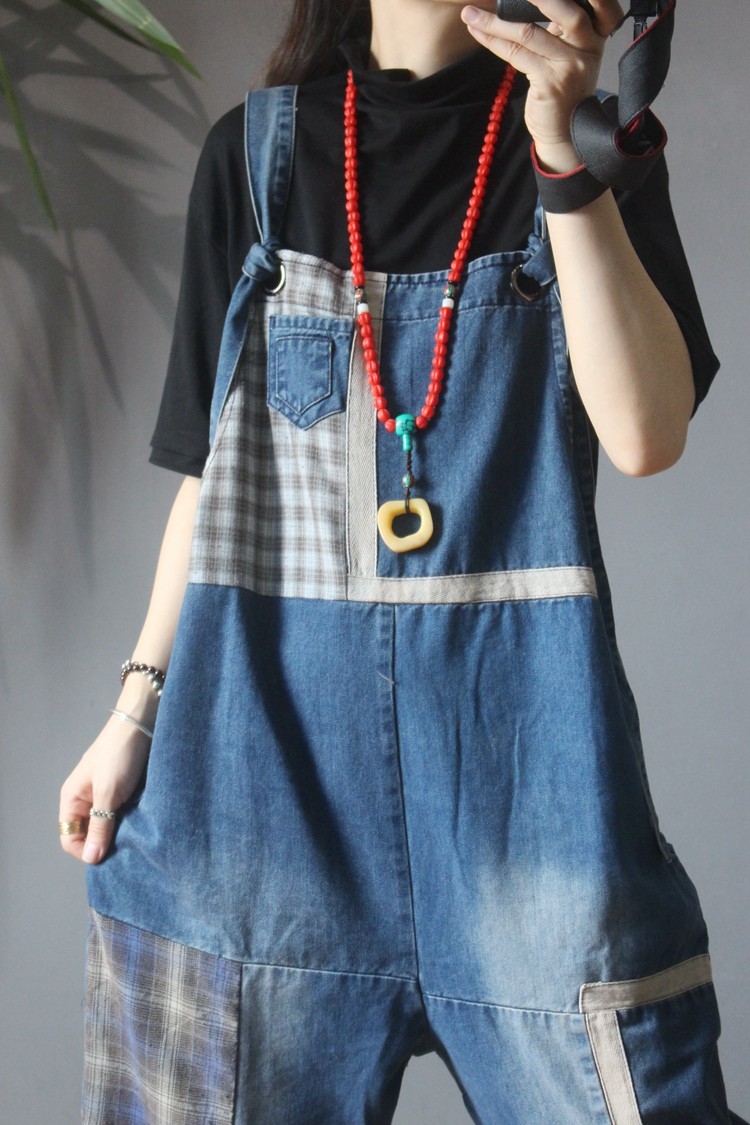 Checkered Patchwork Denim Overalls Color Fading Plus Size Bib Overalls ...