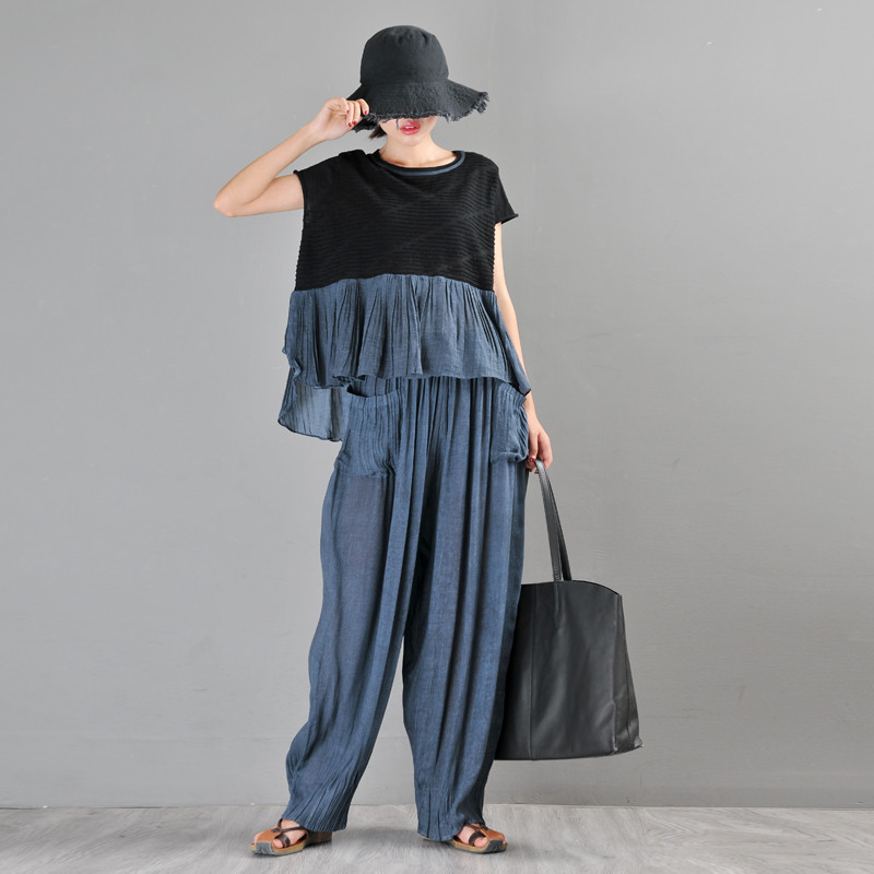 Straight Pocket Blue Pants Comfy Loose Flowy Pants in Black Blue One ...