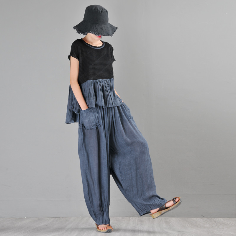 Straight Pocket Blue Pants Comfy Loose Flowy Pants in Black Blue One ...