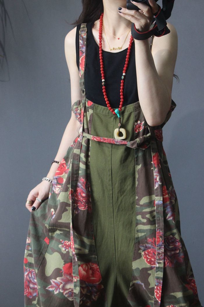 Rose Printing Plus Size Overalls Korean Overalls with A Belt in Army ...