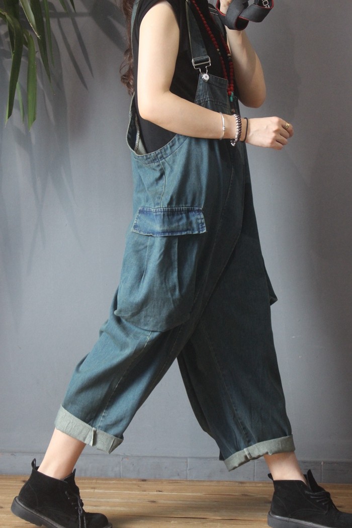 Trendy Backless Jean Overalls Big Flap Pockets Baggy One Piece in Dark ...