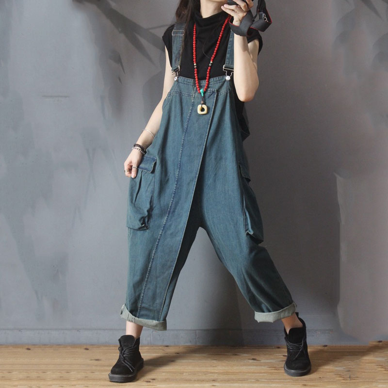 Trendy Backless Jean Overalls Big Flap Pockets Baggy One Piece in Dark ...