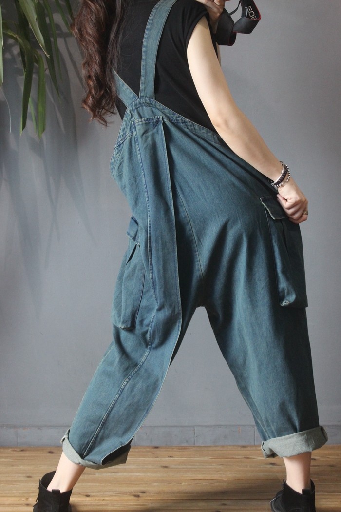 Trendy Backless Jean Overalls Big Flap Pockets Baggy One Piece in Dark ...