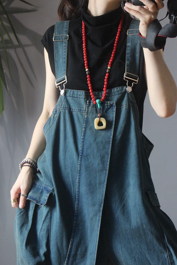 Trendy Backless Jean Overalls Big Flap Pockets Baggy One Piece in Dark ...