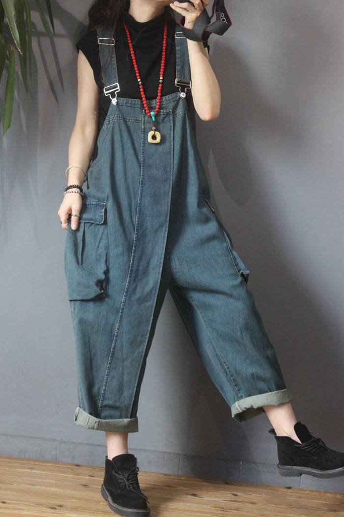 Trendy Backless Jean Overalls Big Flap Pockets Baggy One Piece in Dark ...