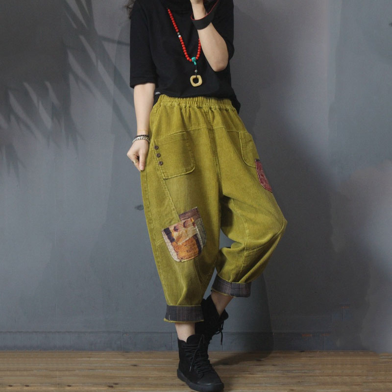 Printed Patchwork Solid Color Pants Vintage Corduroy Trousers in Yellow ...