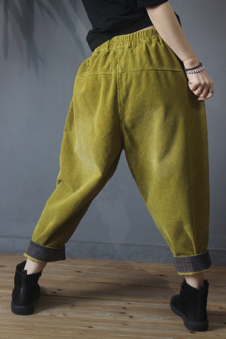 Printed Patchwork Solid Color Pants Vintage Corduroy Trousers in Yellow ...