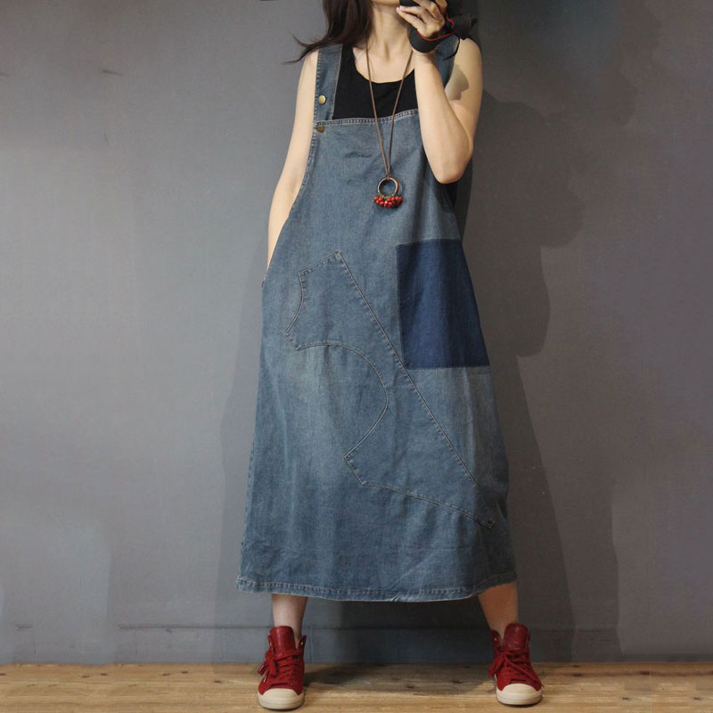 Casual Style Denim Patchwork Overall Dress in Blue One Size - Morimiss.com