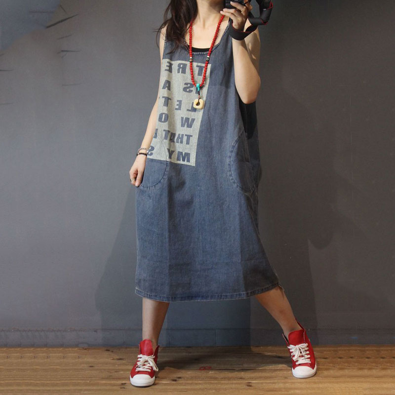 U-Neck Letter Pattern Sleeveless Dress Summer Denim Dress in Blue One ...