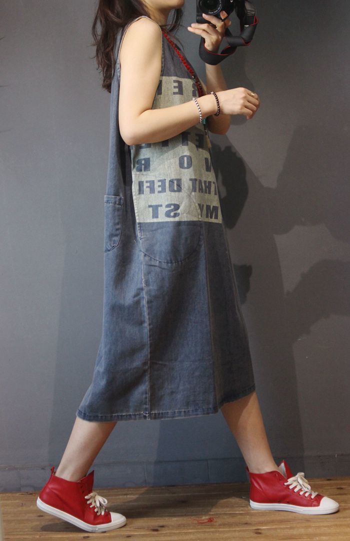 U-Neck Letter Pattern Sleeveless Dress Summer Denim Dress in Blue One ...